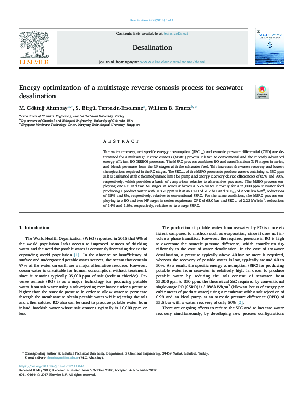 (PDF) Energy optimization of a multistage reverse osmosis process for seawater desalination
