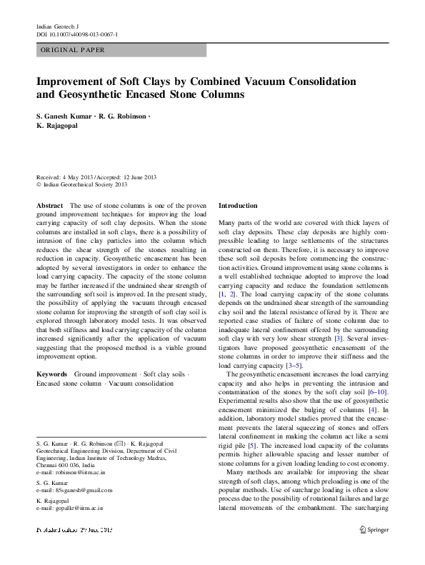 (PDF) Improvement of Soft Clays by Combined Vacuum Consolidation and Geosynthetic Encased Stone ...