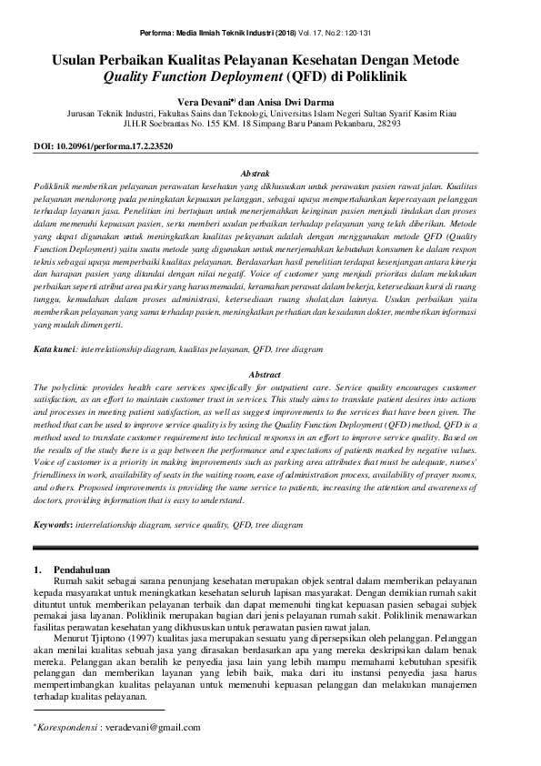 (PDF) Usulan Perbaikan Kualitas Pelayanan Kesehatan Dengan Metode Quality Function Deployment ...
