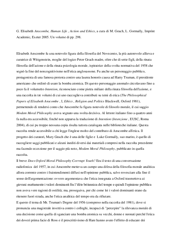 (PDF) Recensione di G. E. M. Anscombe, Human Life, Action and Ethics ...