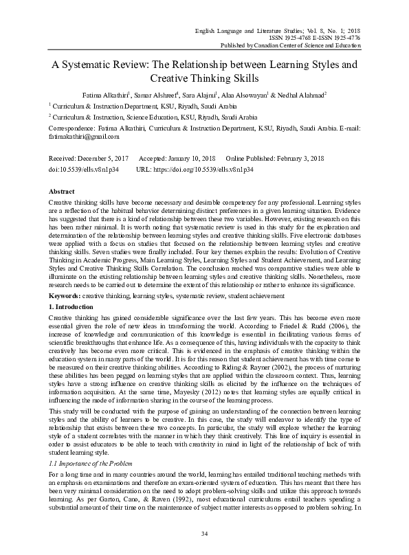 (PDF) A Systematic Review: The Relationship between Learning Styles and Creative Thinking Skills