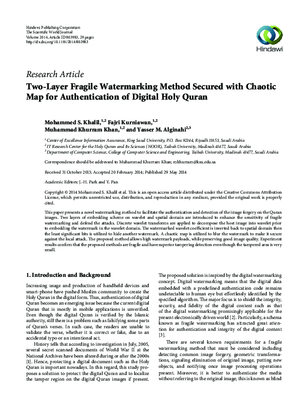 (PDF) Two-Layer Fragile Watermarking Method Secured with Chaotic Map for Authentication of ...