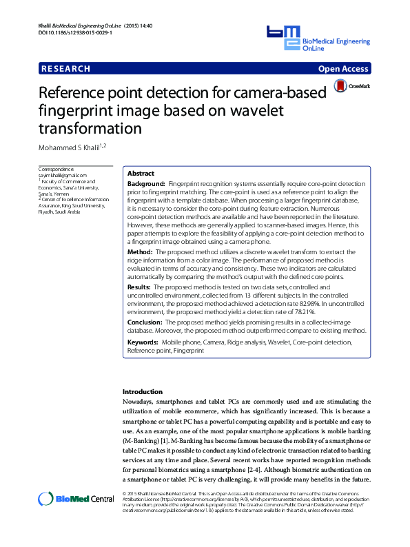 Pdf Reference Point Detection For Camera Based Fingerprint Image