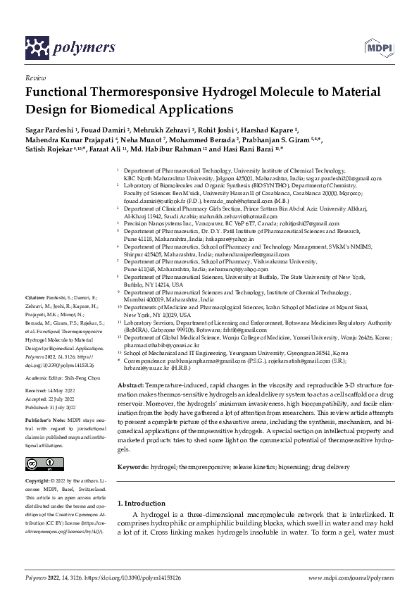 (PDF) Functional Thermoresponsive Hydrogel Molecule to Material Design for Biomedical Applications