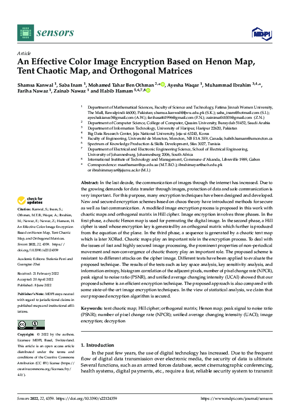 (PDF) An Effective Color Image Encryption Based on Henon Map, Tent Chaotic Map, and Orthogonal ...