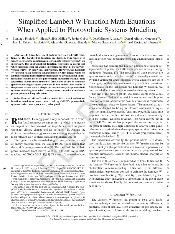 (PDF) Simplified Lambert W-Function Math Equations When Applied to Photovoltaic Systems Modeling