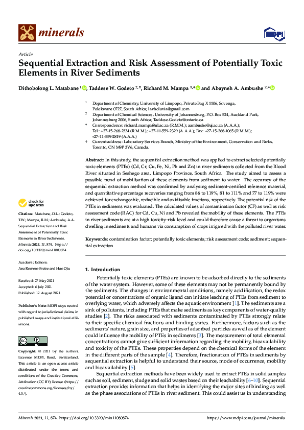 (PDF) Sequential Extraction and Risk Assessment of Potentially Toxic Elements in River Sediments