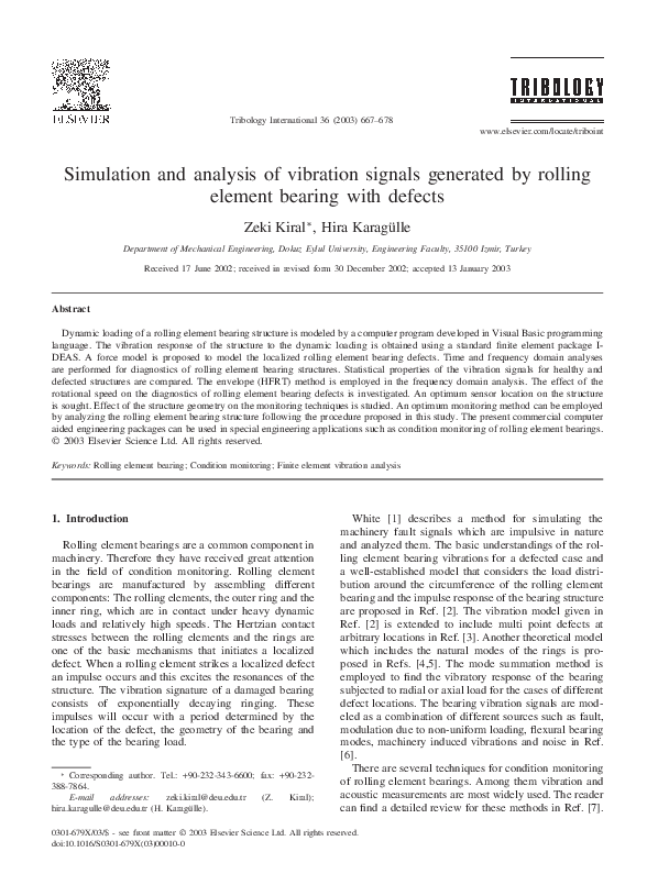 Pdf Simulation And Analysis Of Vibration Signals Generated By Rolling Element Bearing With Defects