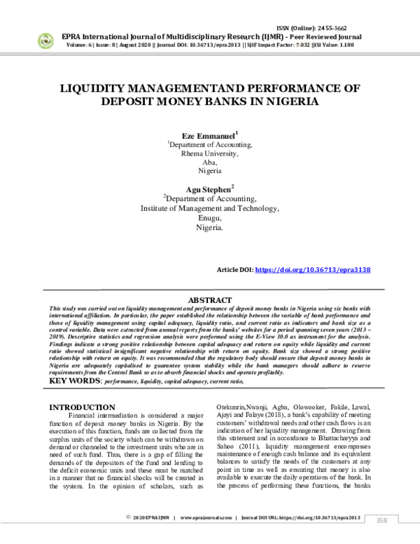 (PDF) Liquidity Management and Performance of Deposit Money Banks in ...