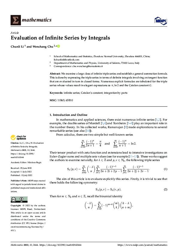 (PDF) Evaluation of Infinite Series by Integrals | Wenchang Chu - Academia.edu