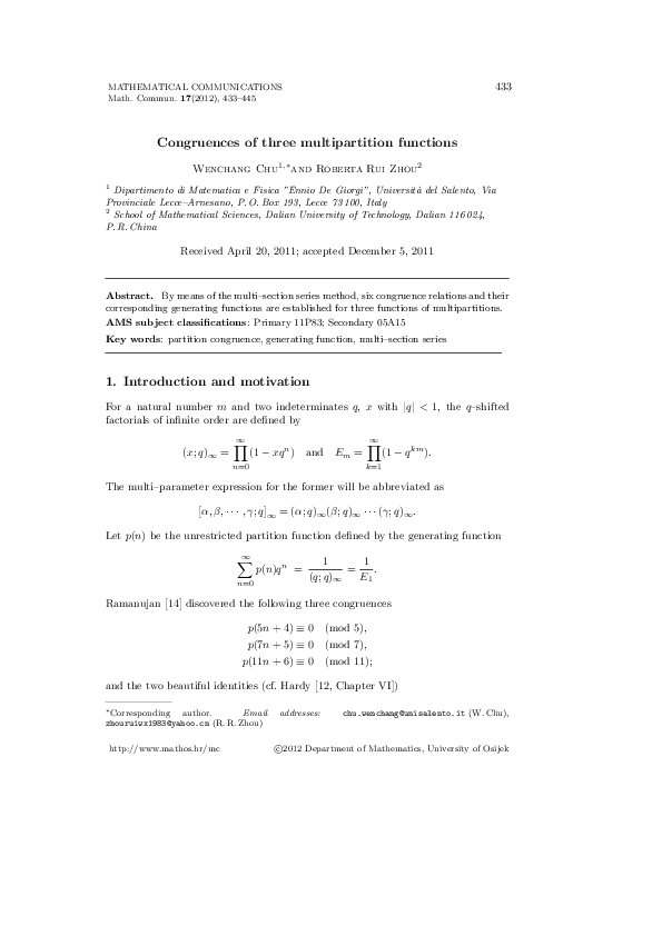 (PDF) Congruences of three multipartition functions