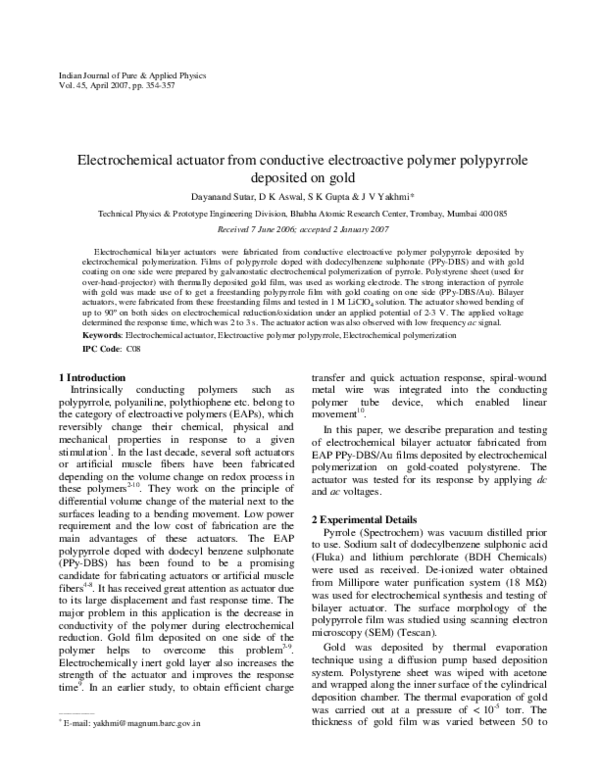 (PDF) Electrochemical actuator from conductive electroactive polymer polypyrrole deposited on gold