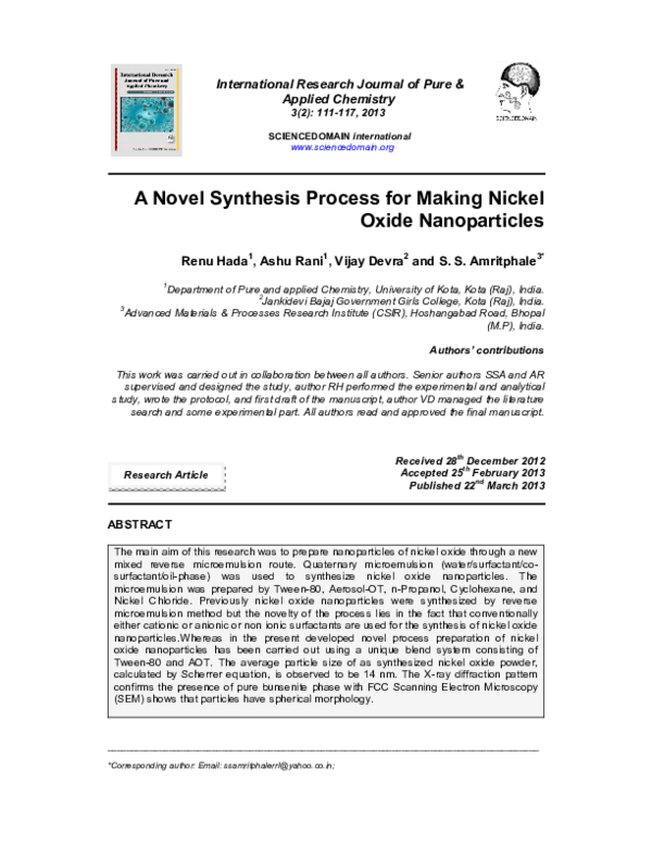 (PDF) A Novel Synthesis Process for Making Nickel Oxide Nanoparticles