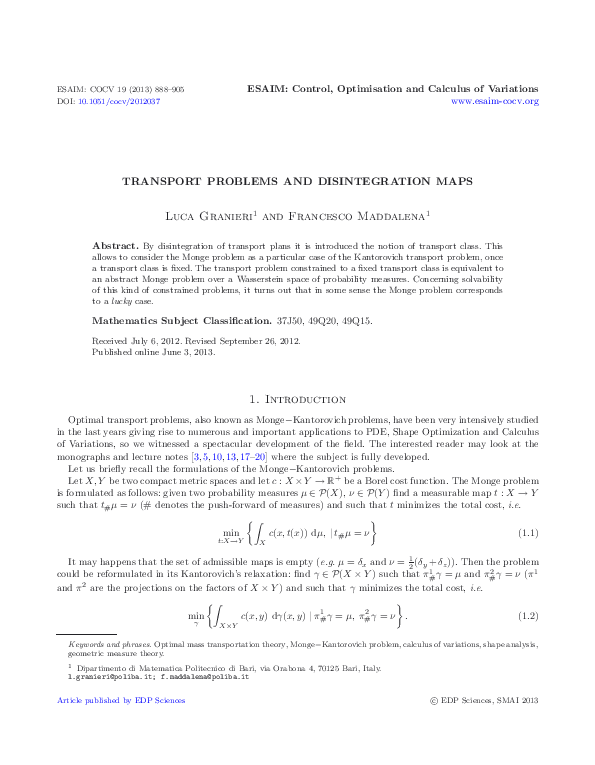 (PDF) Transport problems and disintegration maps