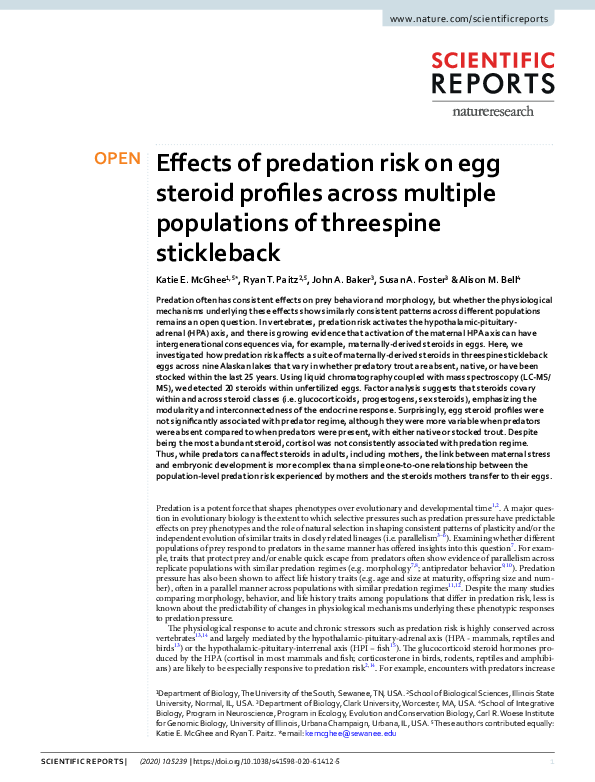 (PDF) Effects of predation risk on egg steroid profiles across multiple ...