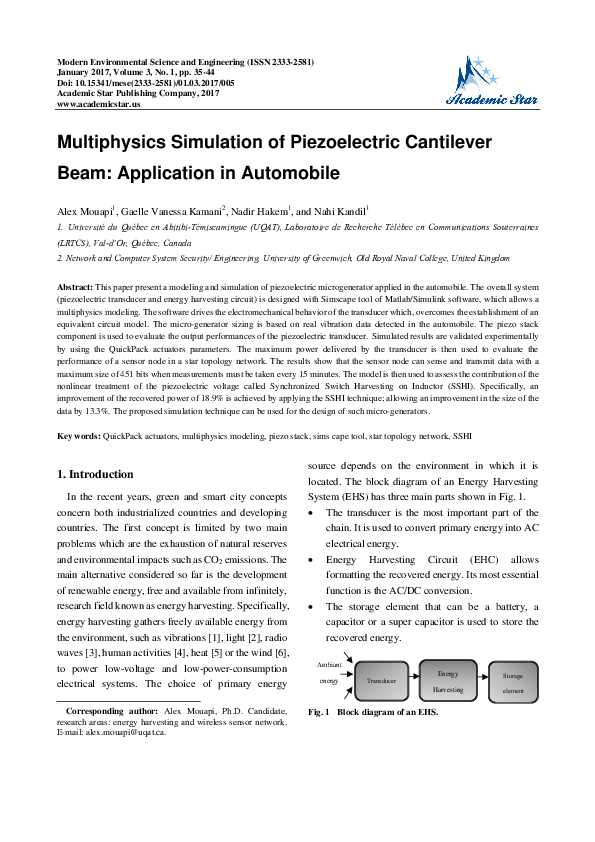 (PDF) Multiphysics Simulation of Piezoelectric Cantilever Beam: Application in Automobile | ALEX ...