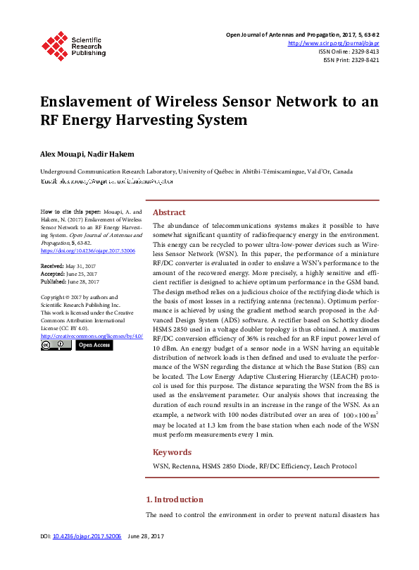 (PDF) Enslavement of Wireless Sensor Network to an RF Energy Harvesting System