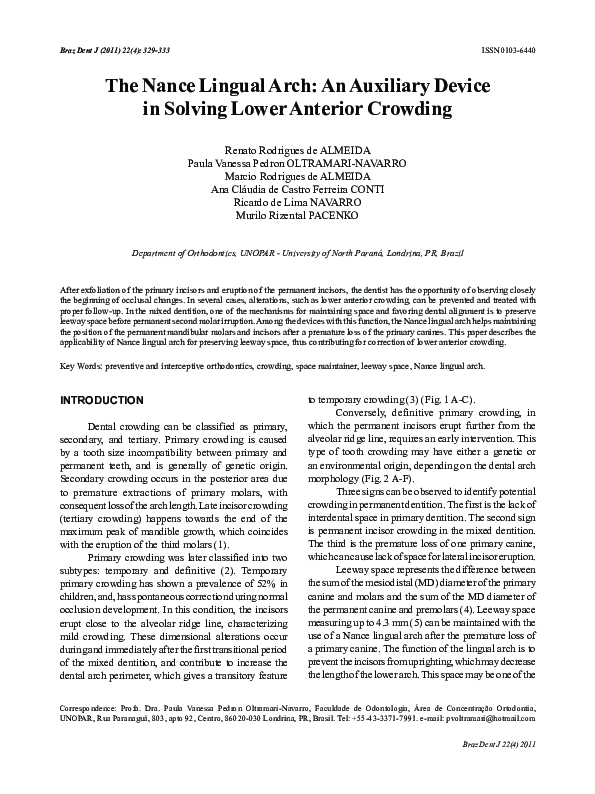 (PDF) The nance lingual arch: an auxiliary device in solving lower ...