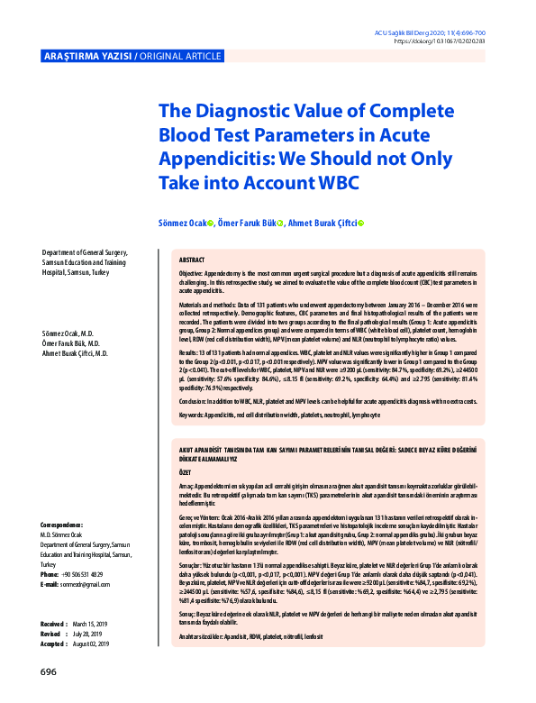 (PDF) The Diagnostic Value of Complete Blood Test Parameters In Acute ...
