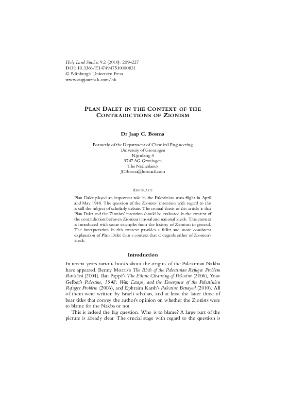 (PDF) Plan Dalet in the Context of the Contradictions of Zionism