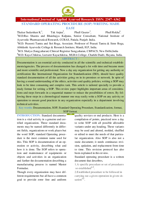 (PDF) Standard Operating Procedure (Sop) Writing Made Easy