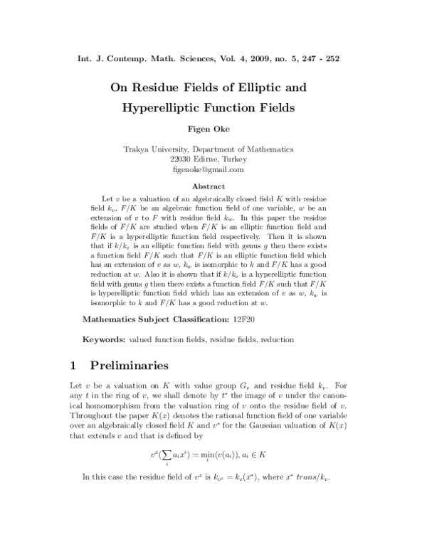 Pdf On Residue Fields Of Elliptic And Hyperelliptic Function Fields