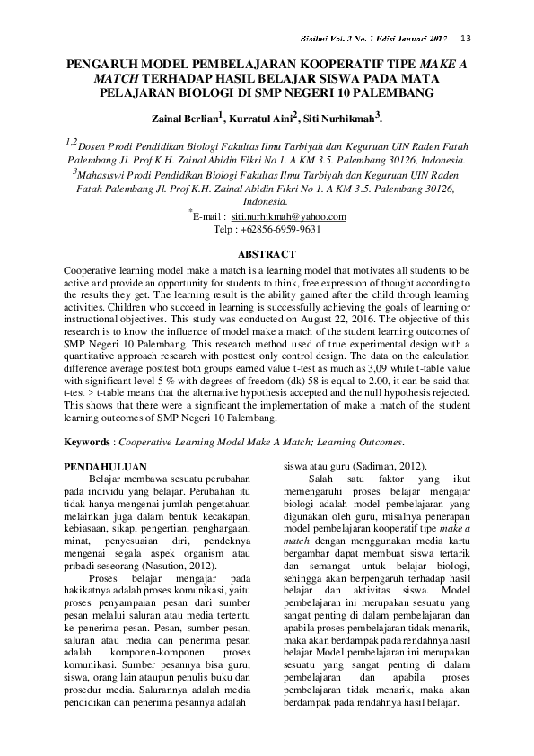 (PDF) Pengaruh Model Pembelajaran Kooperatif Tipe Make a Match Terhadap Hasil Belajar Siswa Pada ...