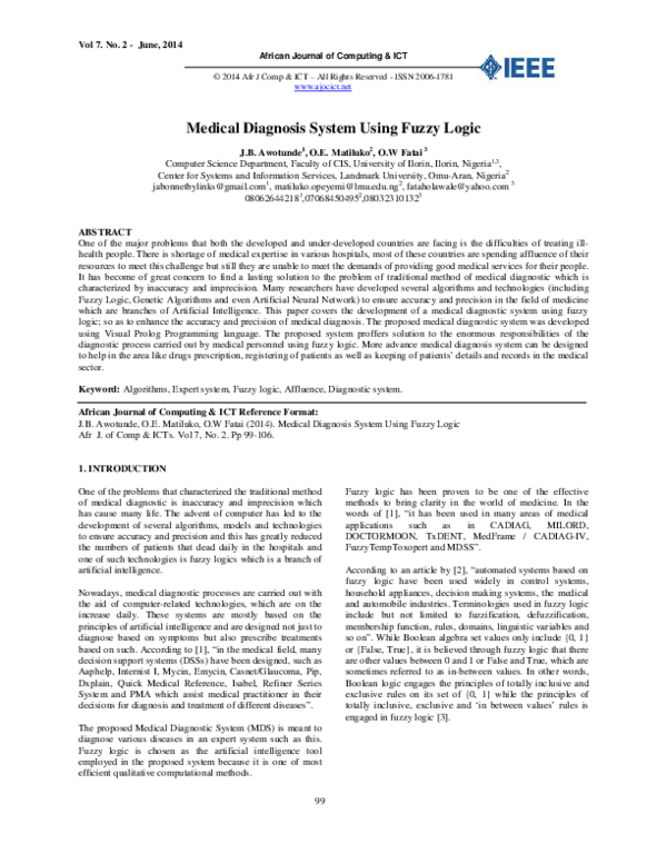 Pdf Medical Diagnosis System Using Fuzzy Logic Joseph B A M I D E L E Awotunde 