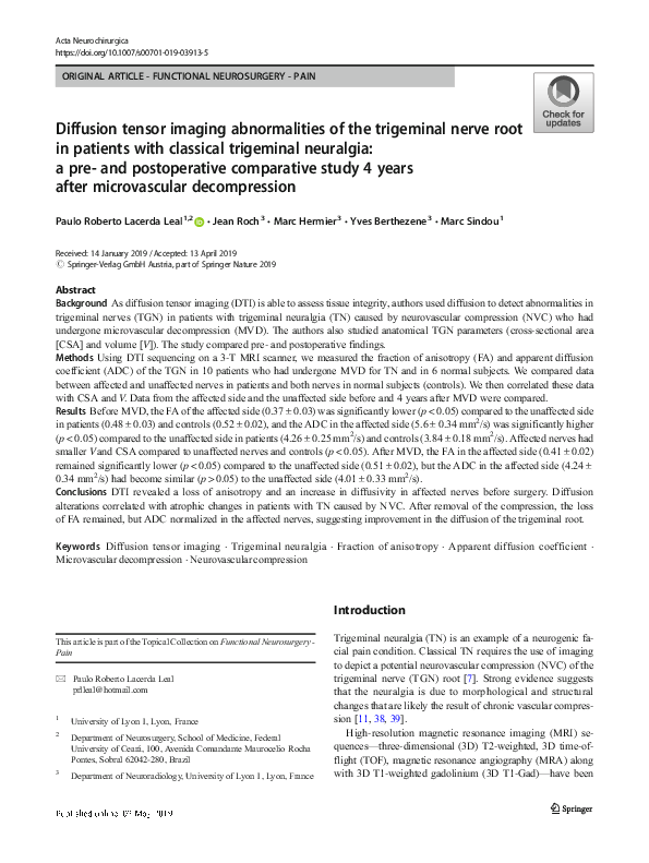 (PDF) Diffusion tensor imaging abnormalities of the trigeminal nerve ...