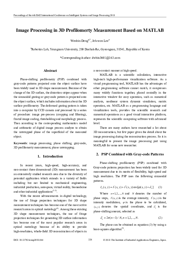 (PDF) Image Processing in 3D Profilomerty Measurement Based on MATLAB
