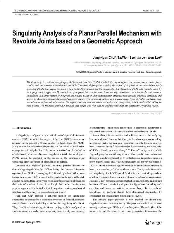(PDF) Singularity analysis of a planar parallel mechanism with revolute joints based on a ...
