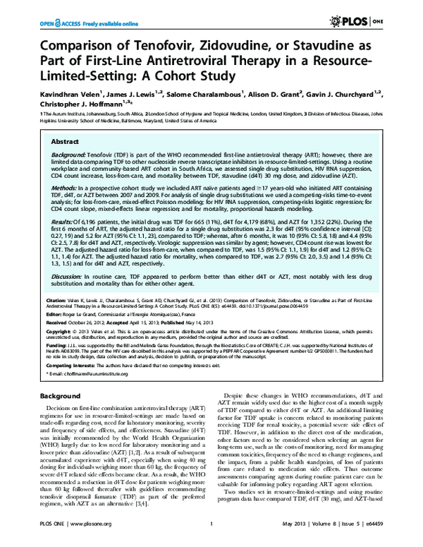 (PDF) Comparison of Tenofovir, Zidovudine, or Stavudine as Part of ...