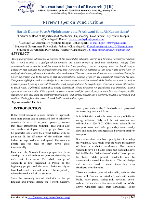 (PDF) Review Paper on Wind Turbine