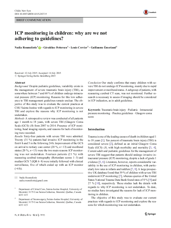 (PDF) ICP monitoring in children: why are we not adhering to guidelines?