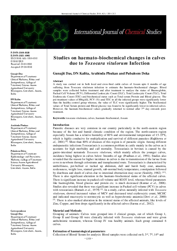 (PDF) Hemato-Biochemical Changes in Toxocara vitulorum Infected Calves