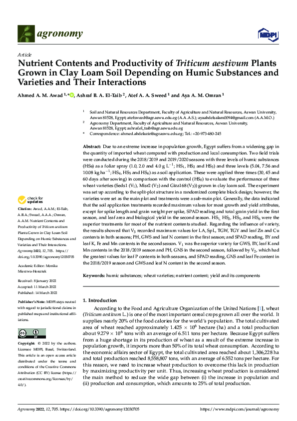 (PDF) Nutrient Contents and Productivity of Triticum aestivum Plants ...
