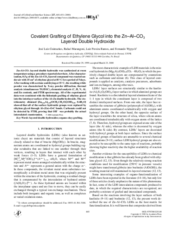 (PDF) Covalent Grafting of Ethylene Glycol into the Zn–Al–CO3 Layered Double Hydroxide | F ...