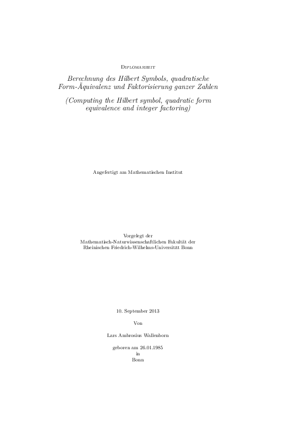 (PDF) Computing the Hilbert symbol, quadratic form equivalence and ...