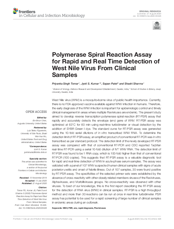 (PDF) Polymerase Spiral Reaction Assay for Rapid and Real Time Detection of West Nile Virus From ...