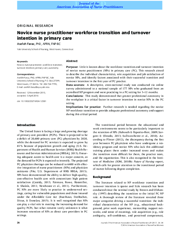 (PDF) Novice nurse practitioner workforce transition and turnover ...
