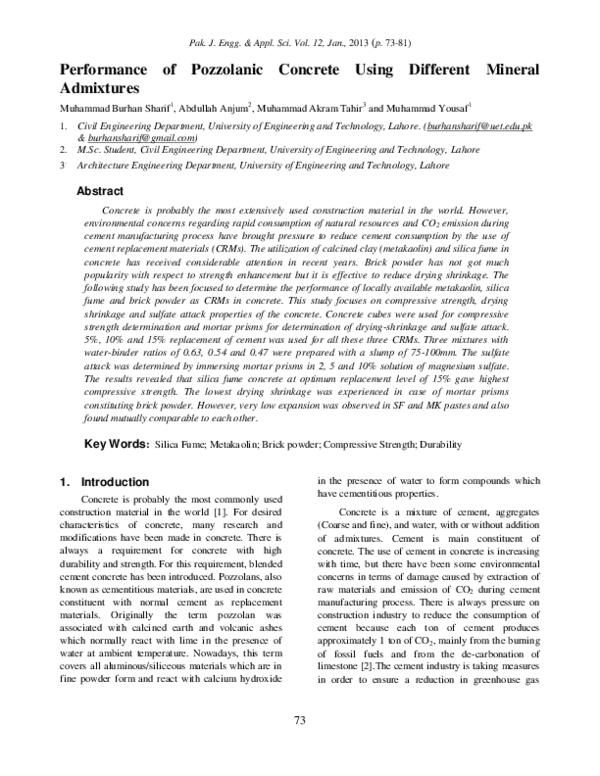 (PDF) Performance of Pozzolanic Concrete Using Different Mineral Admixtures