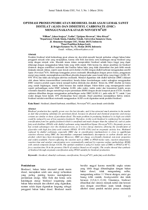 (PDF) Optimasi Proses Pembuatan Biodiesel Dari Asam Lemak Sawit Distilat (Alsd) Dan Dimethyl ...