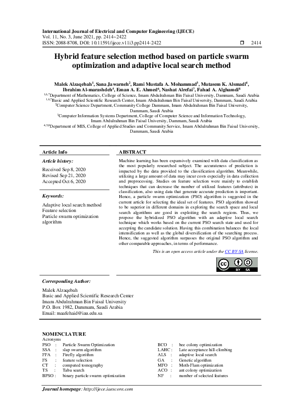 Pdf Hybrid Feature Selection Method Based On Particle Swarm Optimization And Adaptive Local