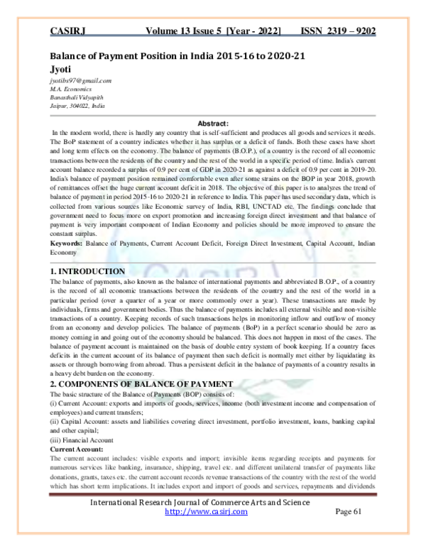 (PDF) Balance of Payment Position in India 2015-16 to 2020-21 Jyoti