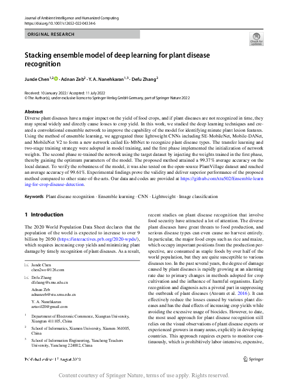 (PDF) Stacking ensemble model of deep learning for plant disease recognition