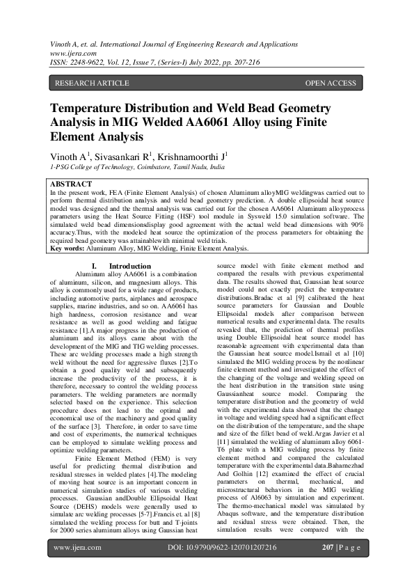 Pdf Temperature Distribution And Weld Bead Geometry Analysis In Mig Welded Aa6061 Alloy Using