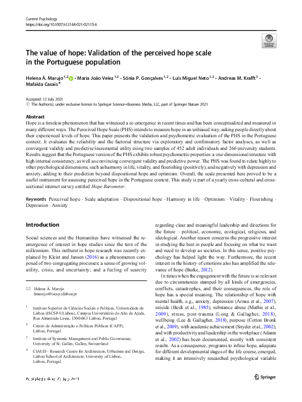 (PDF) The value of hope: Validation of the perceived hope scale in the ...