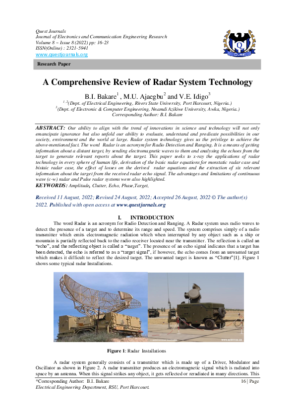 Pdf A Comprehensive Review Of Radar System Technology