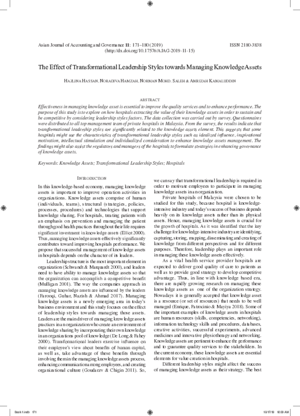 (PDF) The Effect of Transformational Leadership Styles towards Managing Knowledge Assets