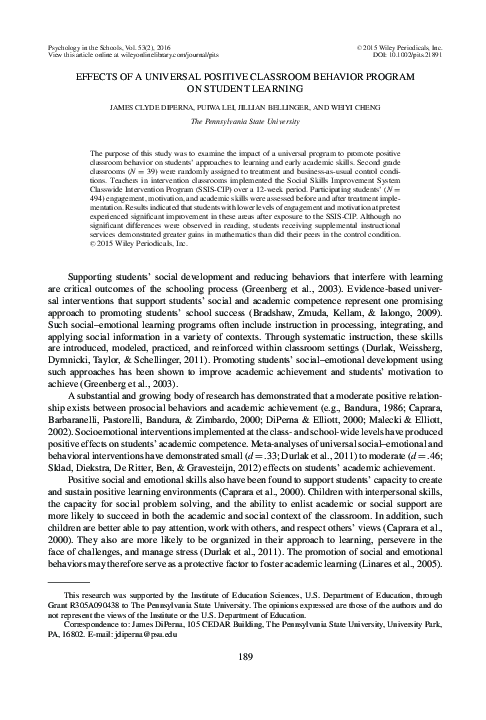 (PDF) Effects of a Universal Positive Classroom Behavior Program on ...